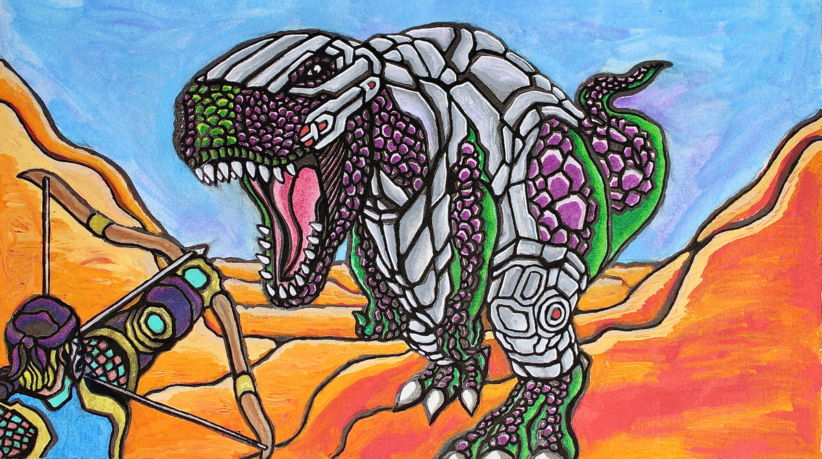 "Ark Armored T-Rex Assault" Original Painting – Reid's Into Art